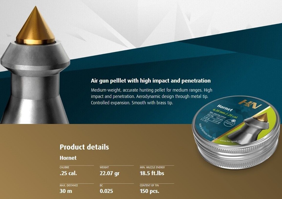 Haendler & Natermann H&N Hornet Air Gun Pellets with Brass Tip Pointed ...