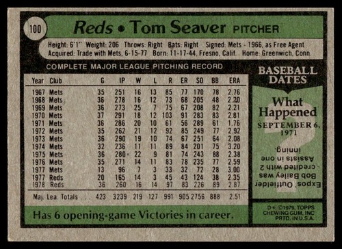 1979 Topps #100 Tom Seaver BASEBALL Cincinnati Reds | eBay