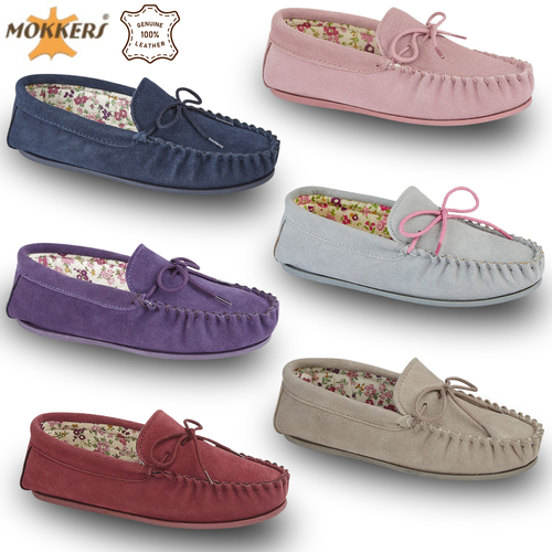 Ladies Mokkers Moccasin Slippers Lily Suede Comfy Floral Lined Indoor ...