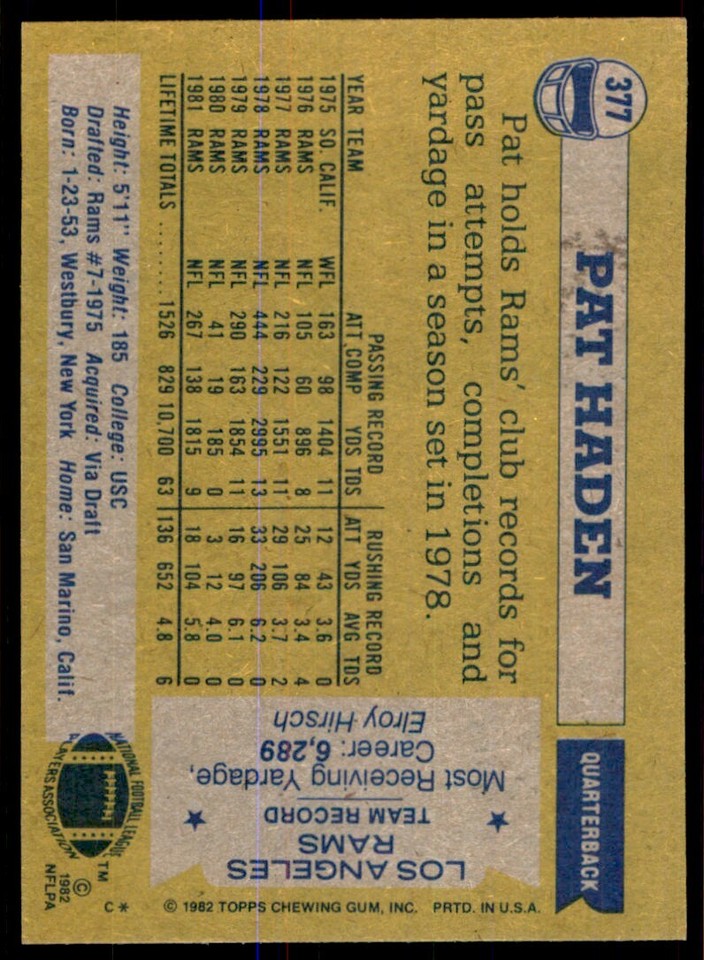 1982 Topps Pat Haden . Los Angeles Rams #377 | eBay