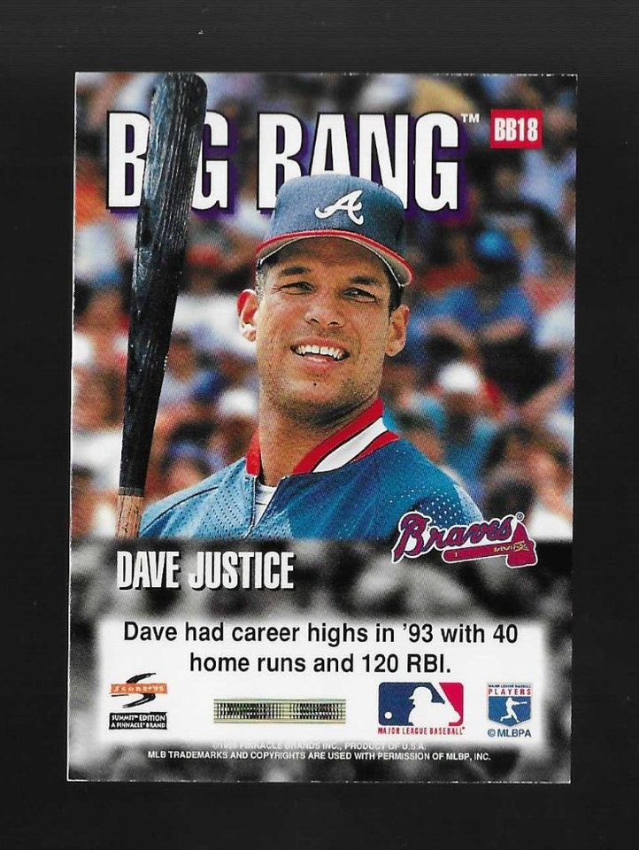 DAVE JUSTICE 1995 SCORE SUMMIT BIG BANG BB18 ATLANTA BRAVES! - silver ...