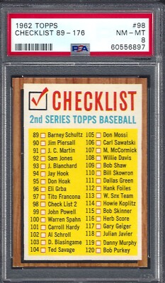 1962 TOPPS #98 2nd SERIES CHECKLIST - CLEAN - BRIGHT COLORS - PSA NM-MT ...