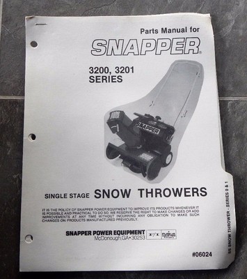 Used Parts Manual for Snapper 3200 3201 Series Single Stage Snow ...