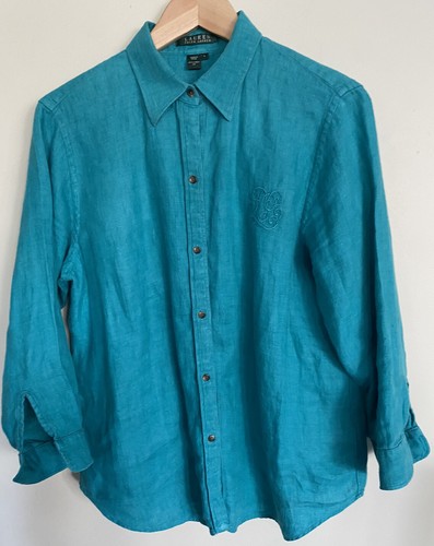 Women's Green Linen Button Up Shirt size L Lauren Ralph Lauren 7/8 ...