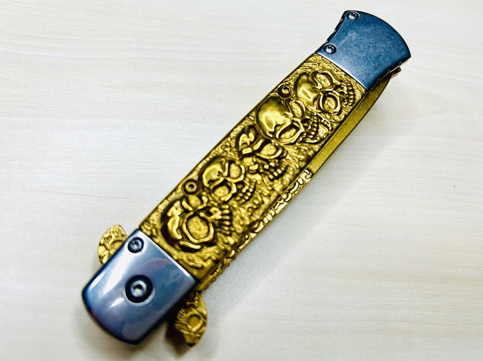 9” Gold Skull Knife Tactical Spring Assisted Open Blade Folding Pocket ...