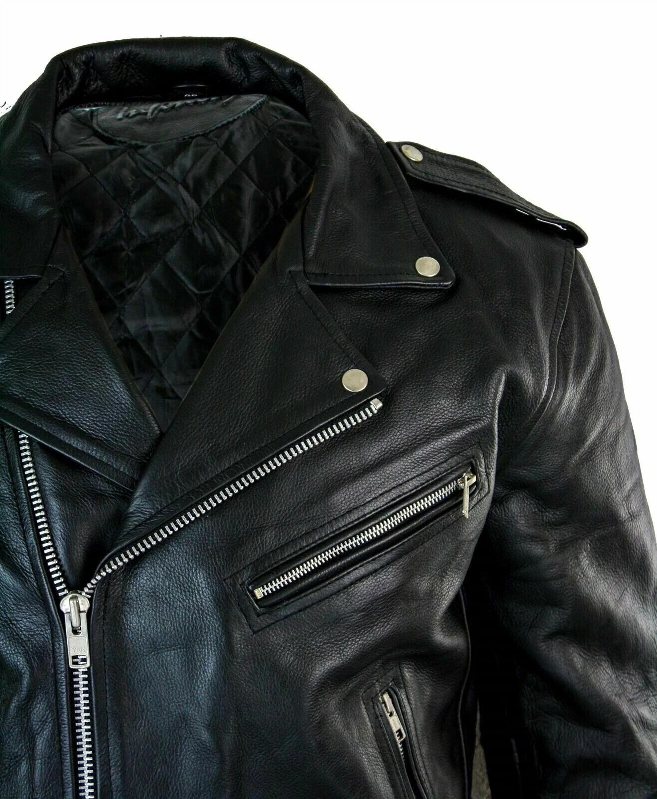 Men's Motorcycle Leather jacket Genuine Buffalo Skin Brando Style Black ...