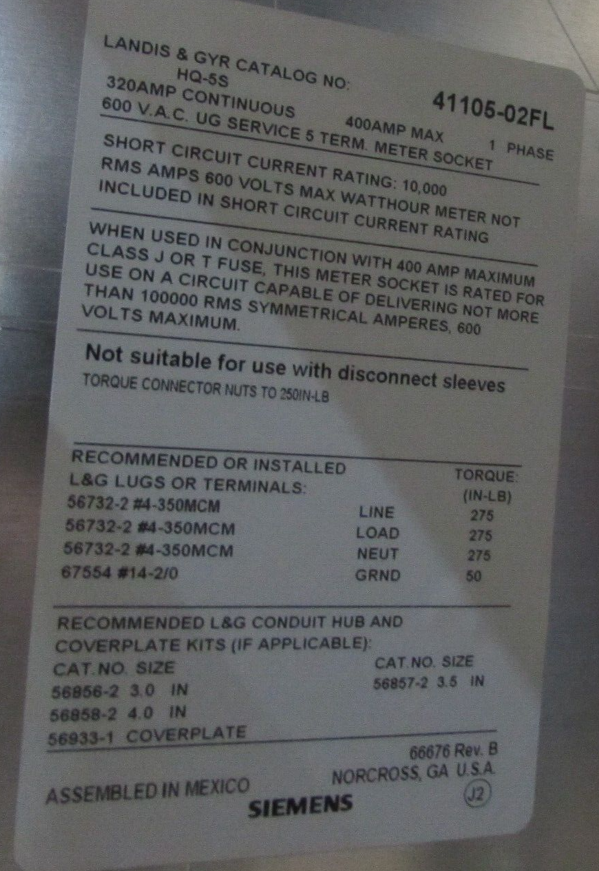 SIEMENS/LANDIS & GYR 41105-02FL, 320 AMP COMMERCIAL METER SOCKET, MAKE ...