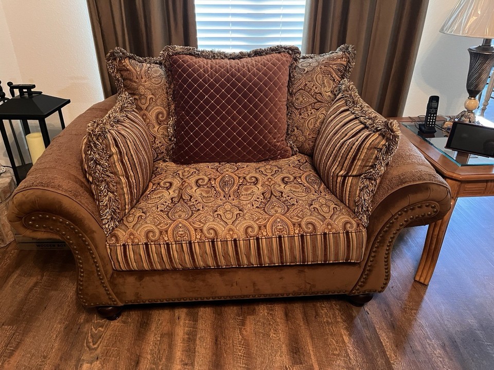 Traditional Brown Paisley & Striped Sofa Set, Two-Piece, Wood Frame ...
