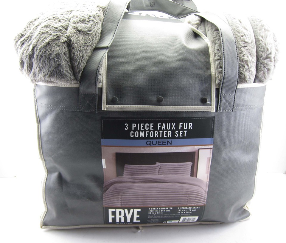 NEW Frye 3 Piece Luxury Queen Faux Fur Comforter Bed Set Charcoal Grey ...