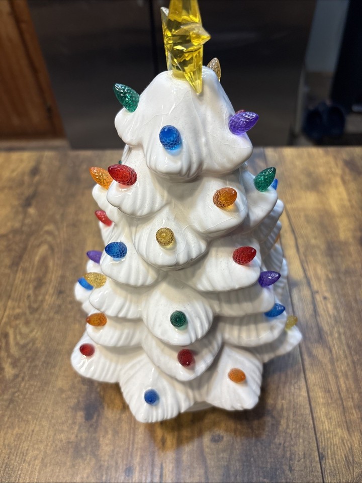 12” Vintage Lighted Ceramic White Christmas Tree Display Unmarked 6 ...