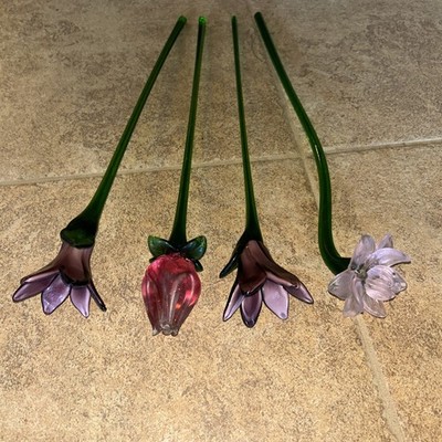 Set Of 4 Art Glass Long Stem Flowers 19”Blown Glass, Murano Style Pinks ...
