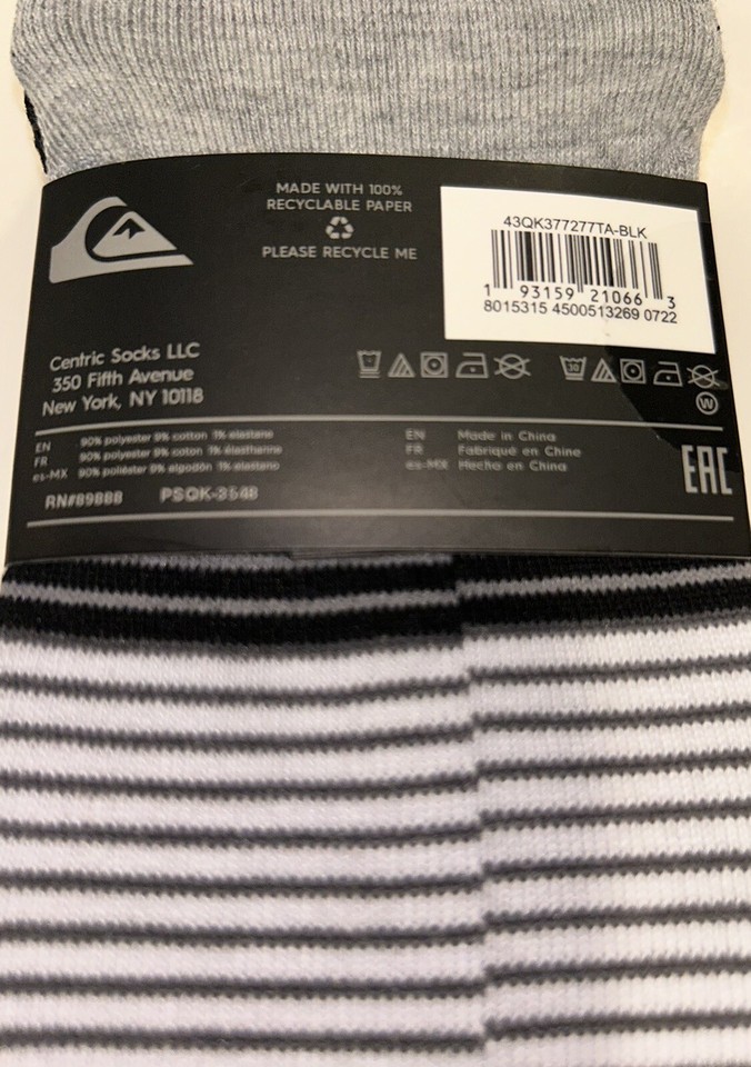 Quicksilver No Show Socks 5 Pair Men's 6-12 Black White Gray Mixed Surf ...
