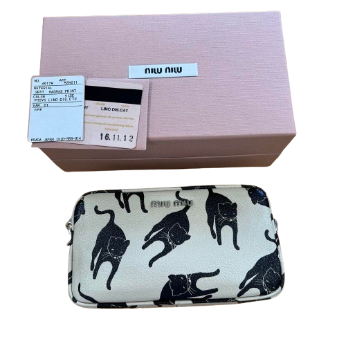 Miu Miu Cat Pattern Mini Shoulder Bag Beige x Black Leather Zipper ...