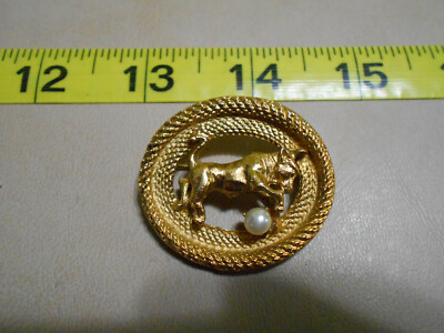 Vintage Brass ? Taurus Zodiak Brooch Pin with Faux Pearl Star Sign (1 ...