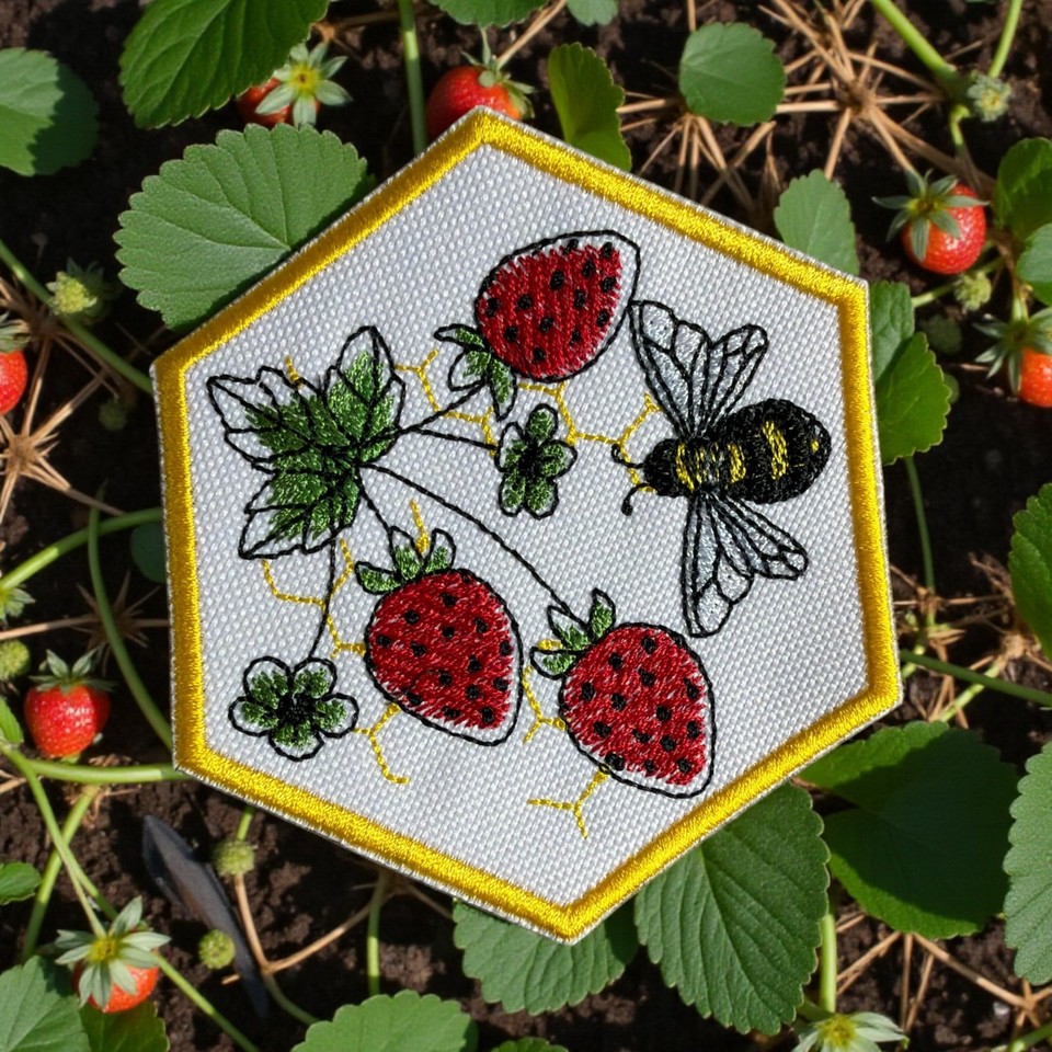 Honey Bee on Strawberries Emboridery Patch 3.87" X 3.35" | eBay