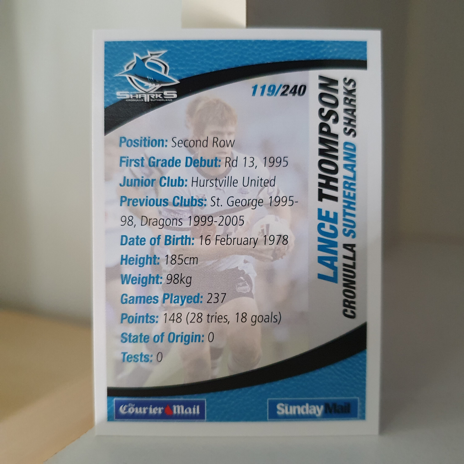 Lance Thompson 2008 Rugby League NRL Cronulla Sharks Trading Card #119 ...