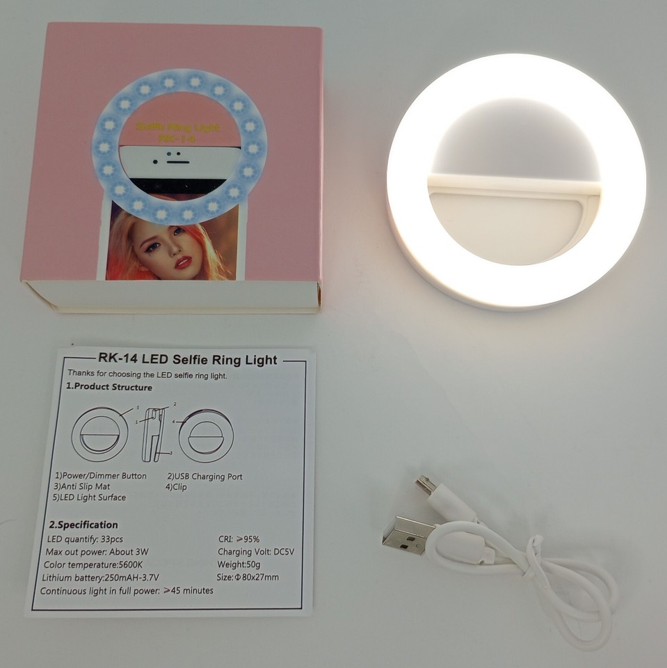 New CELL PHONE RK-14 SELFIE RING LIGHT, in Box w/Charging Cord ...