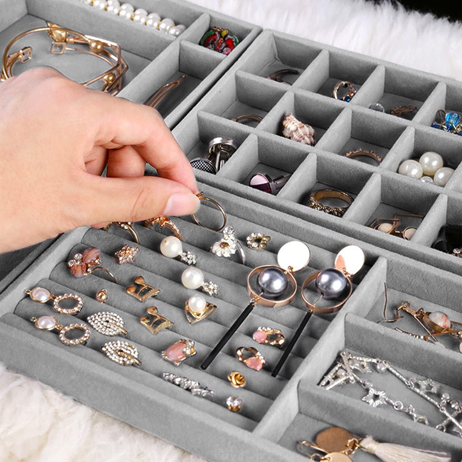 4 Packs Velvet Jewelry Trays Organizer Stackable Jewelry Display Trays ...