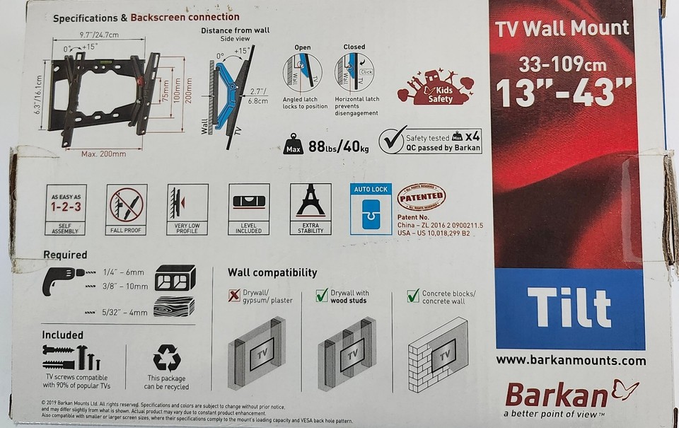 Barkan 13-43 inch Tilt TV Wall Mount Holds 88lbs Auto Locking Safety ...