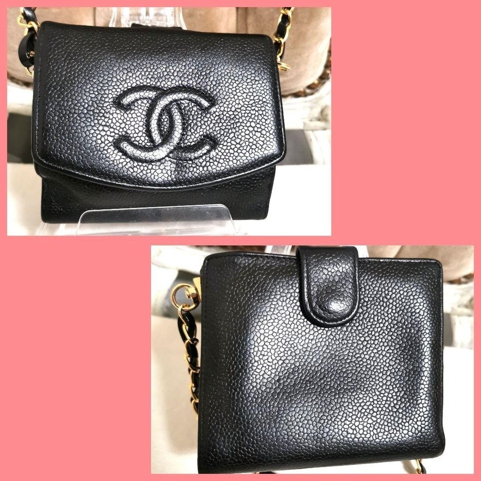 CHANEL Coco Mark Embossed Bifold Wallet Chain Shoulder Bag Caviar Skin ...