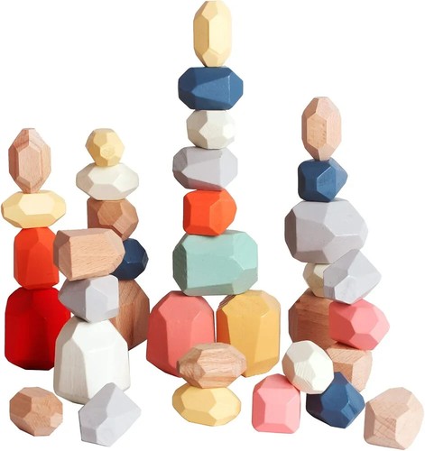 BESTAMTOY 36 PCS Wooden Sorting Stacking Rocks Stones,Sensory Toddler ...