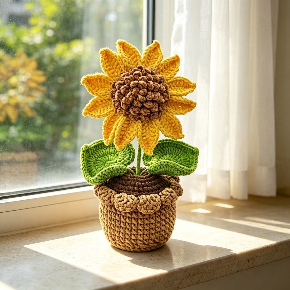 Crochet Sunflower in Pot 15cm Artificial Flower for Home Office Desk ...