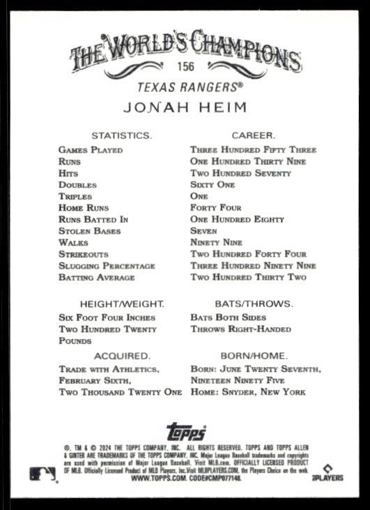 2024 Topps Allen & Ginter X #156 Jonah Heim Texas Rangers | eBay