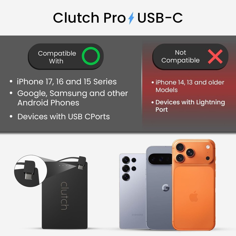 Clutch/Pro USB-C Portable Charger/Compatible with iPhone,& Android ...