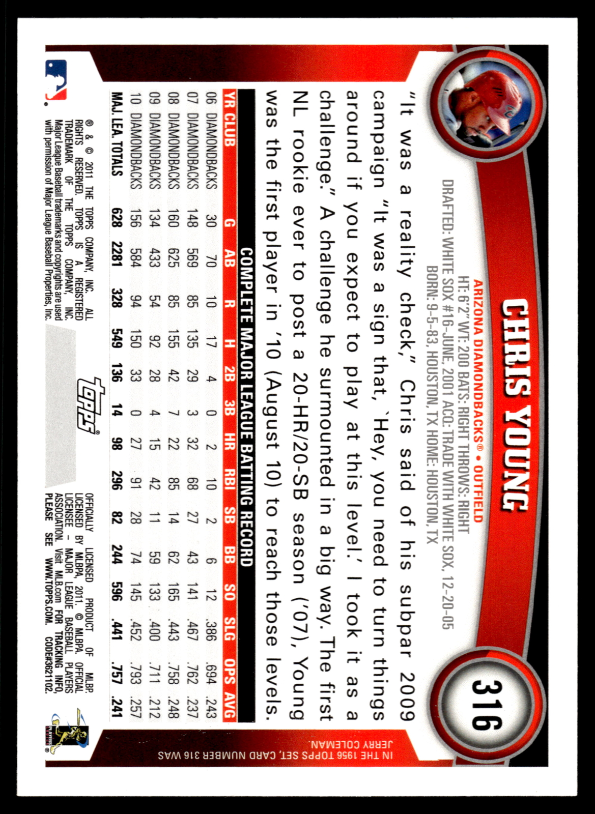2011 Topps #316 Chris Young Arizona Diamondbacks | eBay