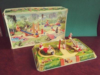 Scarce 1950's JH 115 Johann Hofler Hoefler Tin Wind-up Playground set w ...