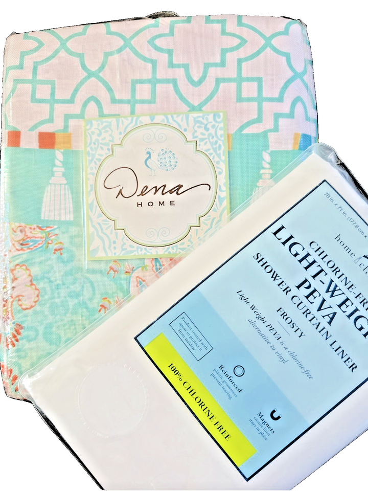 New Dena Home Shower Curtain + PEVA Liner Set Aqua Teal Coral Bathroom ...