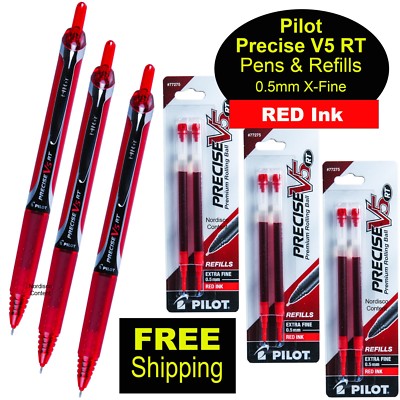 Pilot Precise V5 RT Red Ink, 0.5mm Extra Fine, 3 Pens With 3 Packs Of ...
