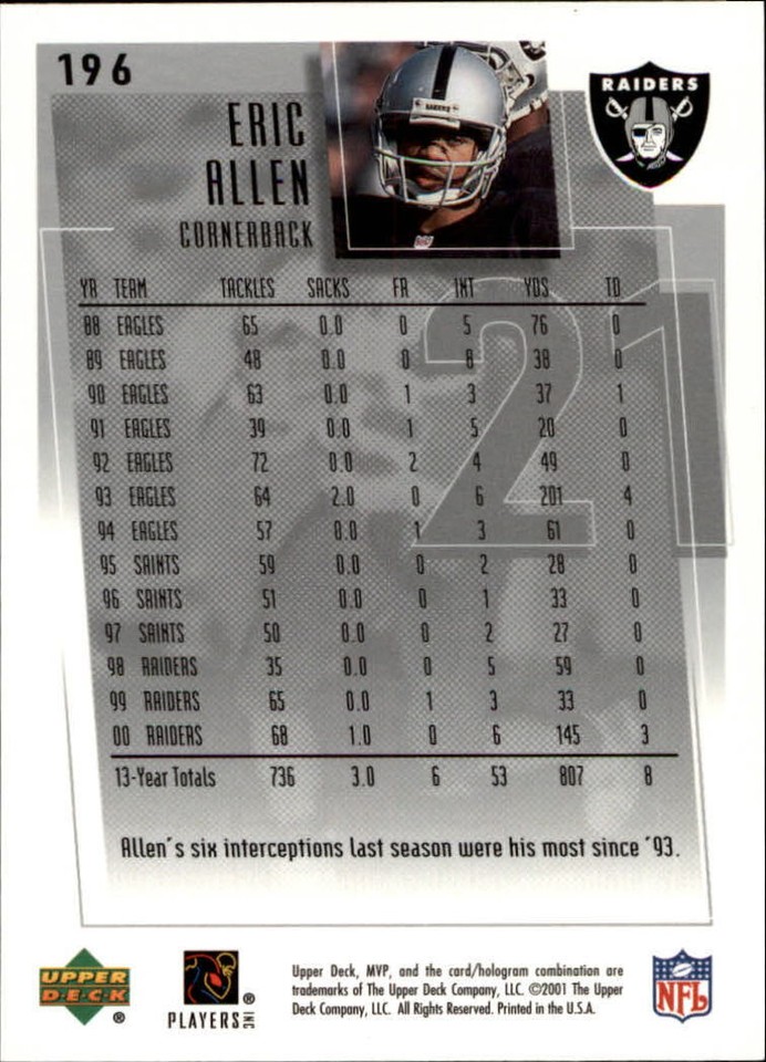 2001 Upper Deck MVP Football Card #196 Eric Allen | eBay