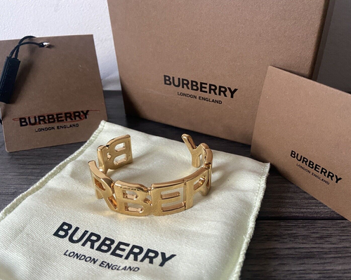 BURBERRY GOLD TONE LOGO CUFF BRACELET SIZE SMALL MADE IN ITALY RETAIL ...