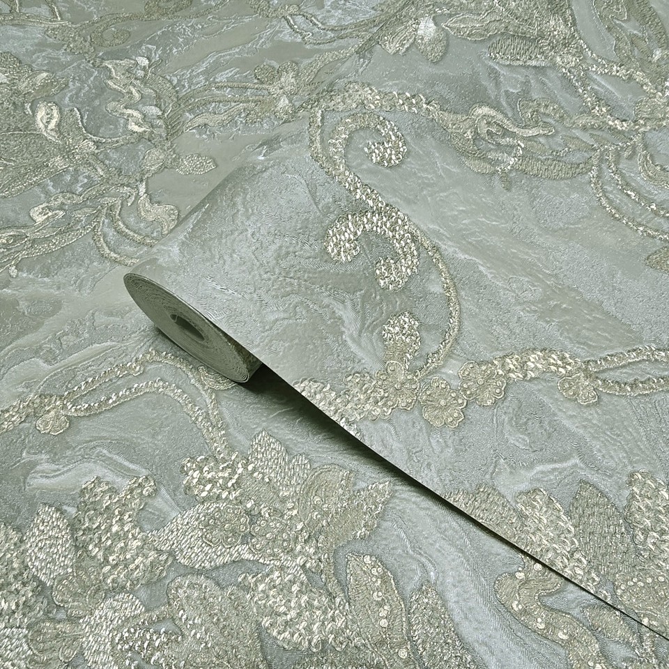 Gray silver brass metallic pearl plaster textured Victorian damask ...