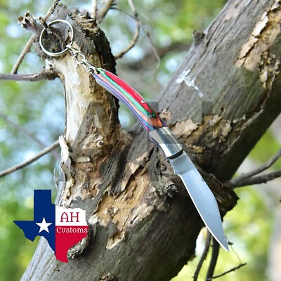 3"HAND FORGED HIGH CARBON STEEL FOLDING POKET KEY CHAIN KNIFE W/ WOOD ...