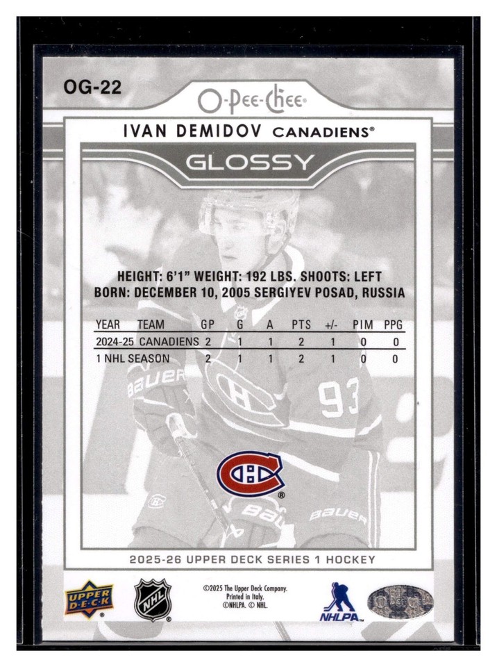 Ivan Demidov 2025-26 Upper Deck Series 1 OPC Glossy Rookie Card #OG-22 ...