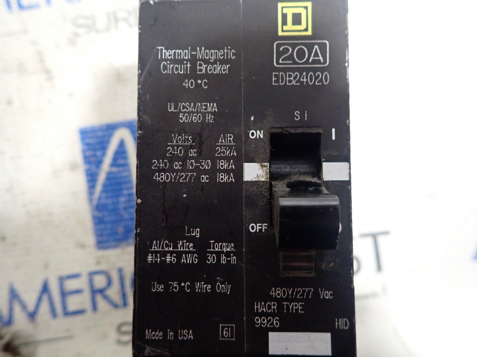 SQUARE D EDB24020 EDB 20 AMP 2P 480V BOLT ON CIRCUIT BREAKER - TESTED ...