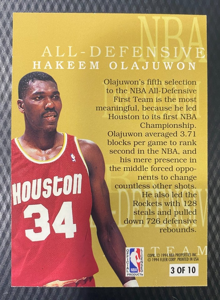 1994 HAKEEM OLAJUWON Fleer NBA All-Defensive Team Insert #3 Rockets HOF ...
