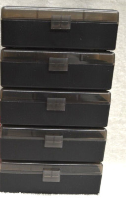 5 x BERRY'S PLASTIC AMMO BOX, SMOKE/BLACK 50 Round 44 SPL / 44 MAG / 45 ...