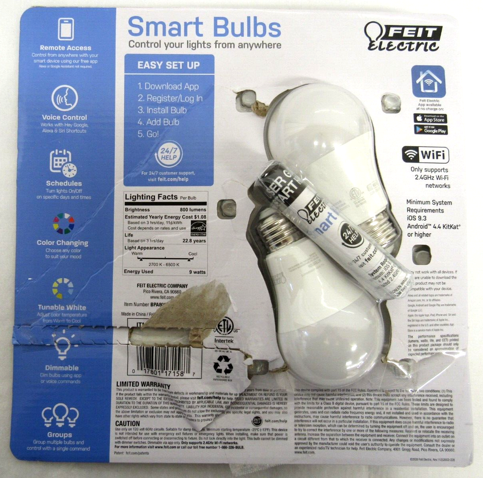 Feit Electric Smart Wi-Fi LED Dimmable 60W Light Bulbs 2 PK Open ...