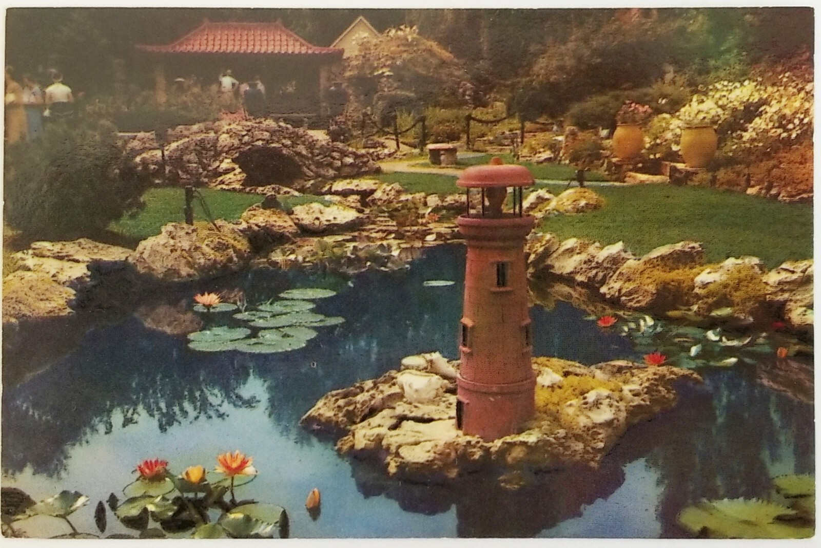 A.B. Chance Gardens Centralia Missouri Postcard lighthouse people pond ...
