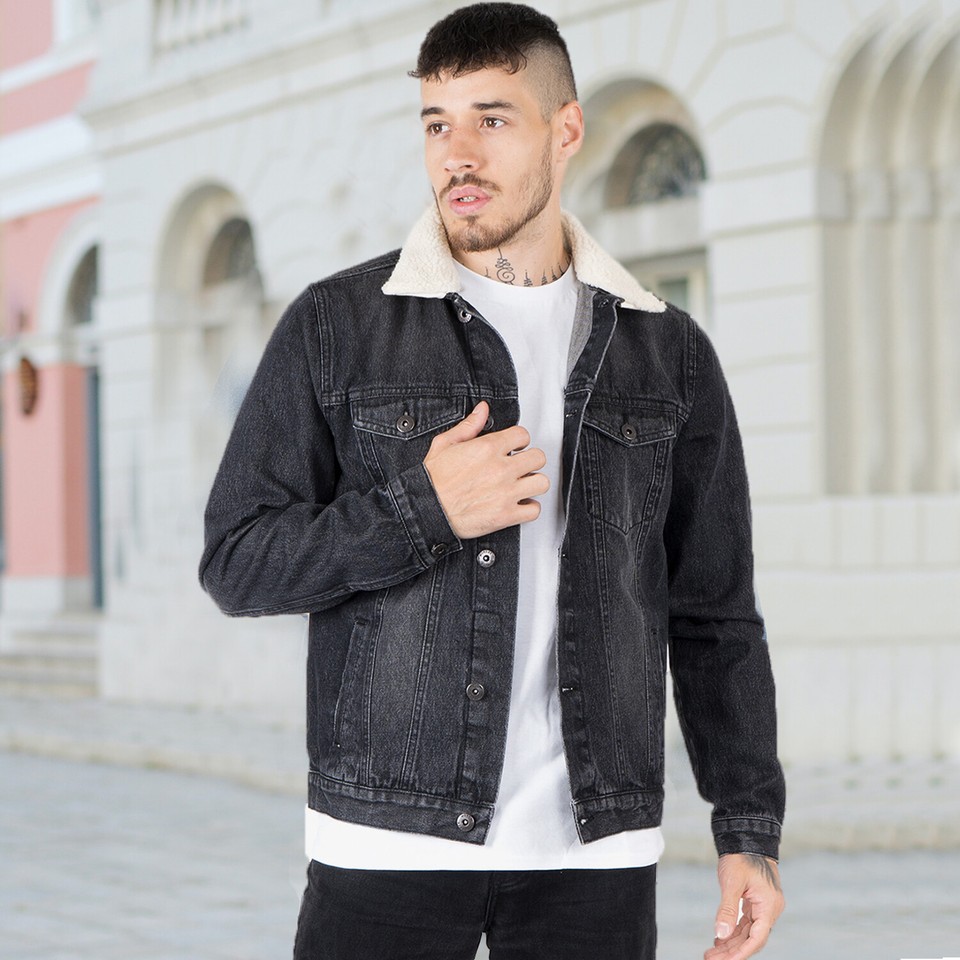 Mens Denim Jacket with Detachable Sherpa Collar Trucker Fur Classic ...