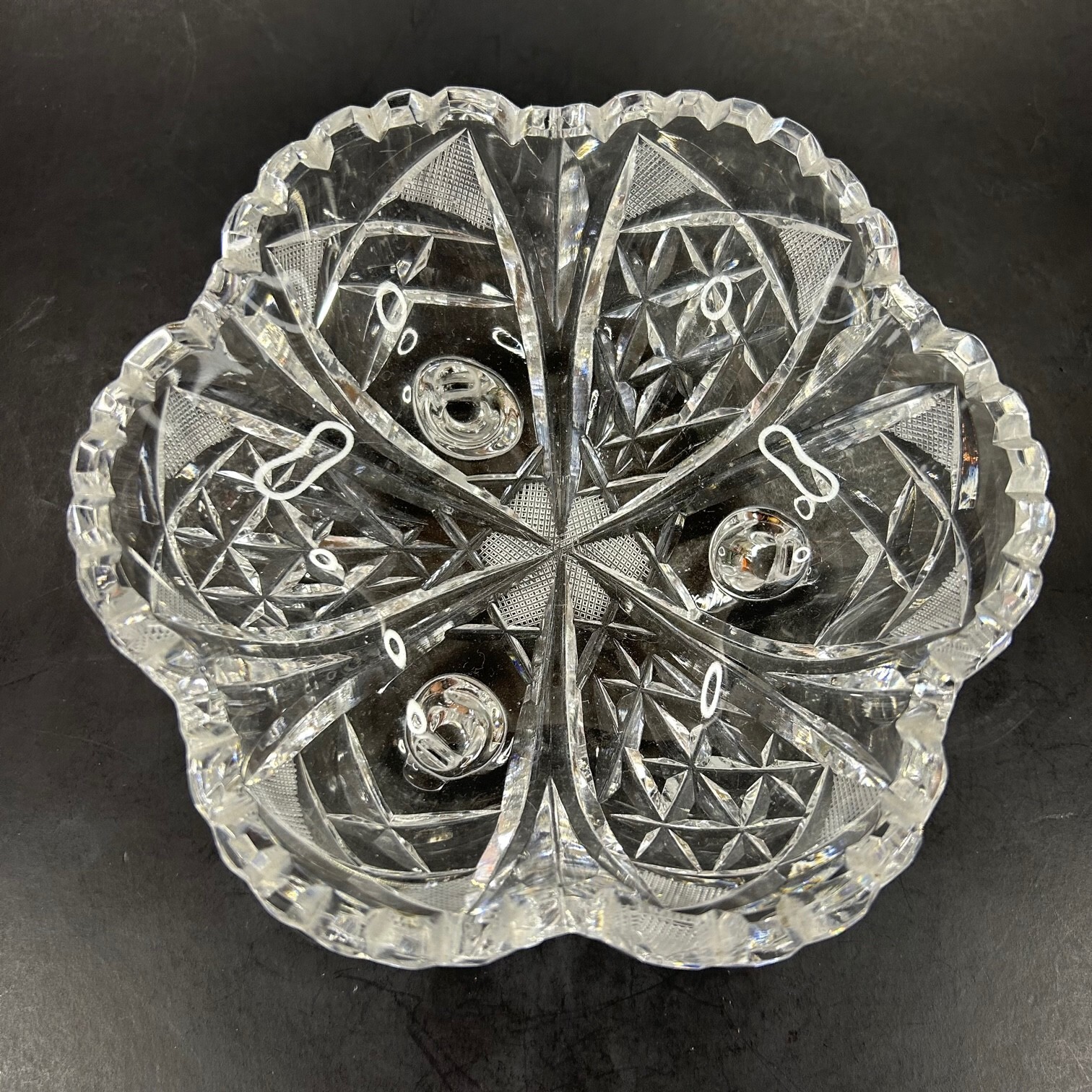 European Cut Crystal Nut Dish with Scalloped Toothed Edge 3 Applied ...