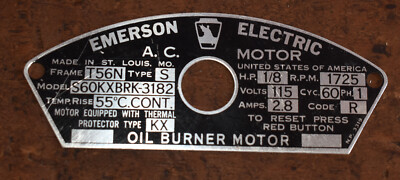 Vintage Emerson Electric AC Oil Burner Motor Type S Metal Emblem Tag ...