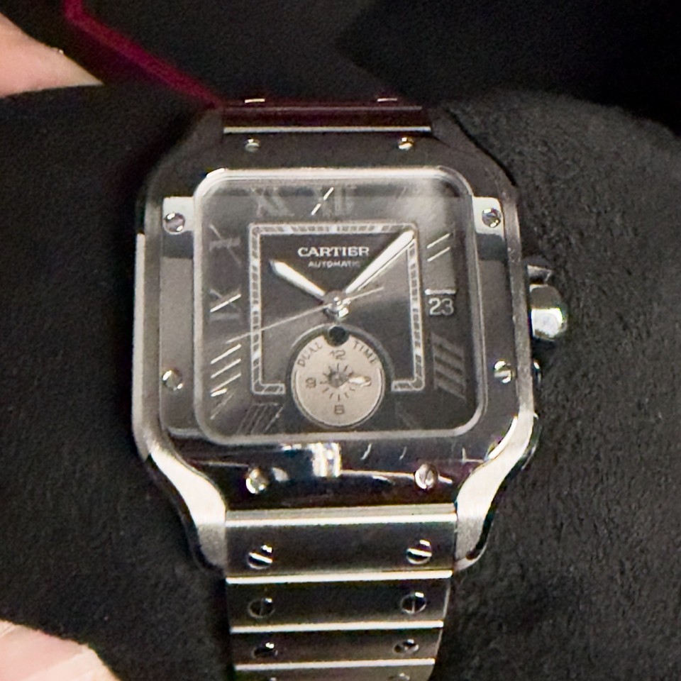 Cartier Santos De Cartier Dual Time Grey Dial Steel MINT FULL SET ...