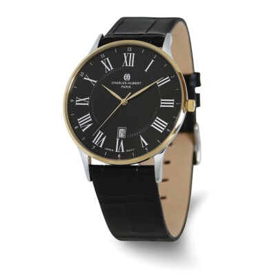Charles Hubert 42mm Mens Black Leather Two-Tone Stainless Steel Quartz ...