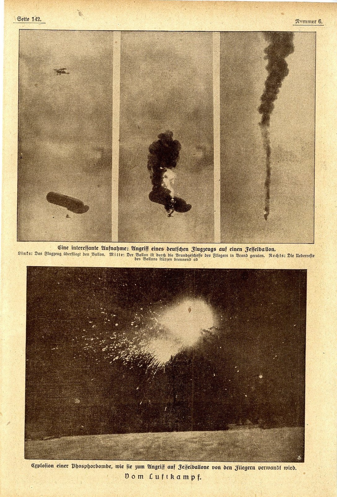Luftkampf Deutsches Flugzeug wirft Phosphorbombe auf Fesselballon 1918 ...
