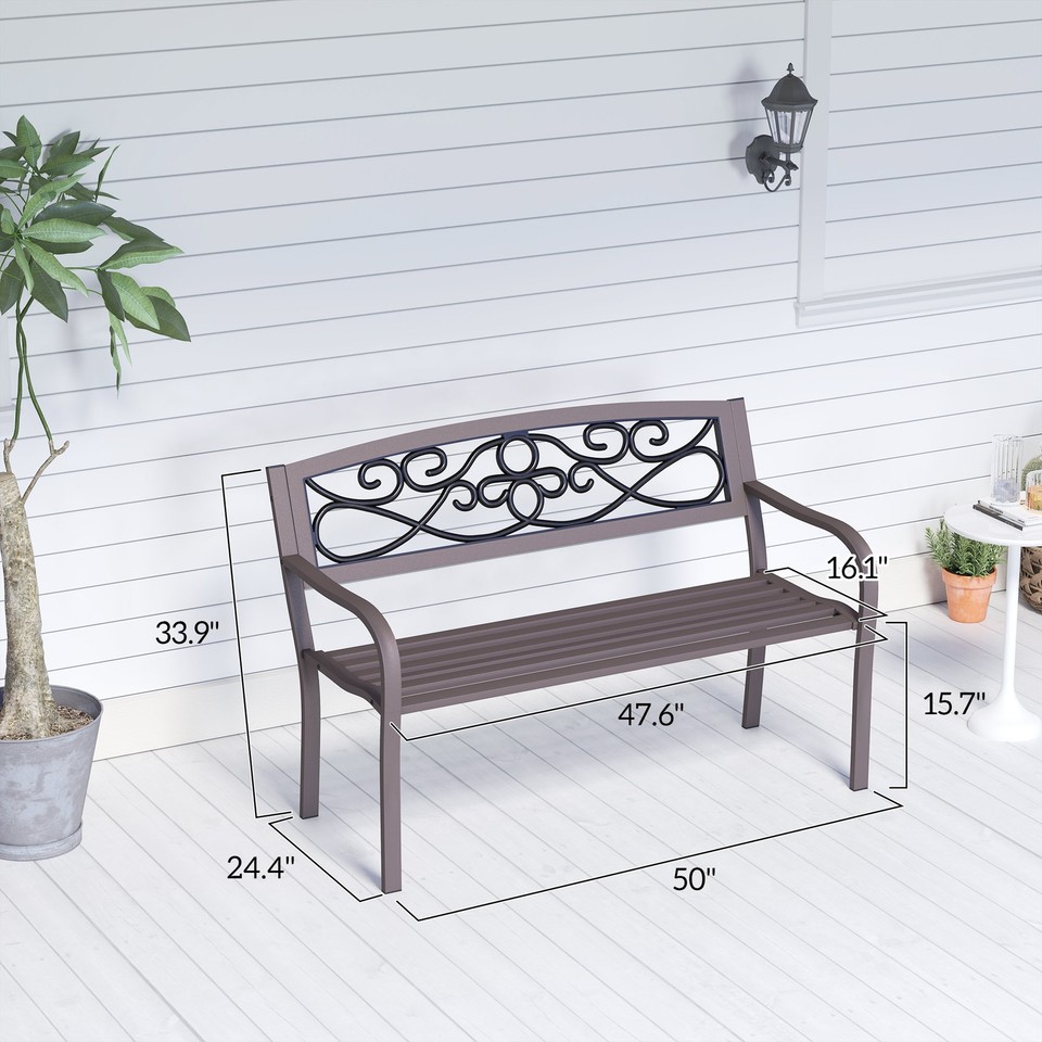 50" Outdoor Bench, Metal Garden Bench with Floral Pattern Backrest ...