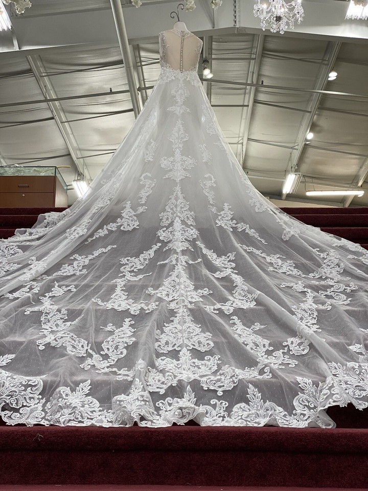 Justin Alexander Lace Fit and Flare Gown with Detachable Monarch Train ...